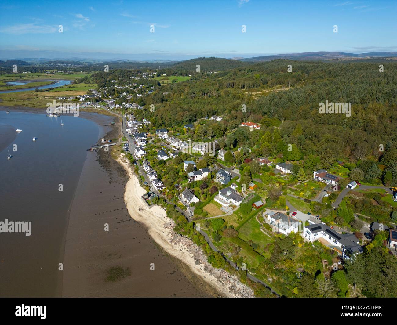 Aerial view from drone of Kippford village on Urr Water river on Solway ...