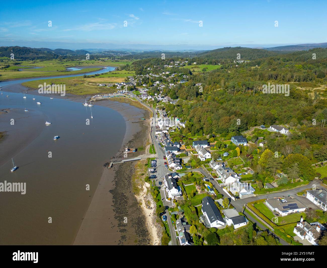 Aerial view from drone of Kippford village on Urr Water river on Solway ...