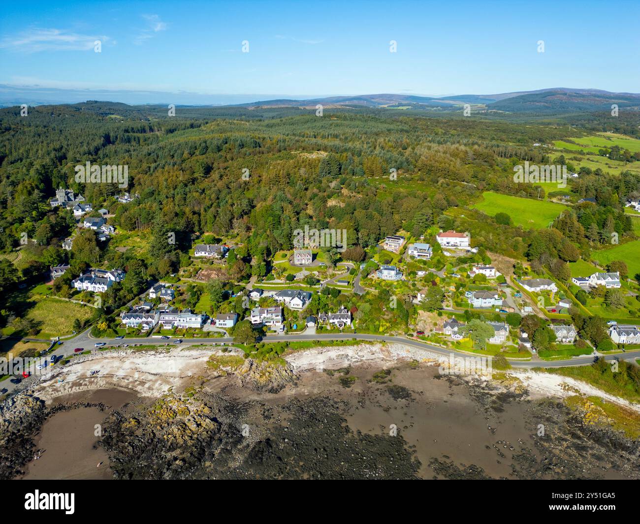 Aerial view from drone of Rockcliffe village on Solway coast inside ...