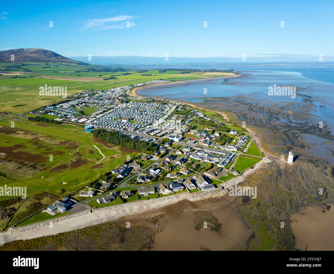Aerial view from drone of Southerness village on Solway coast inside ...