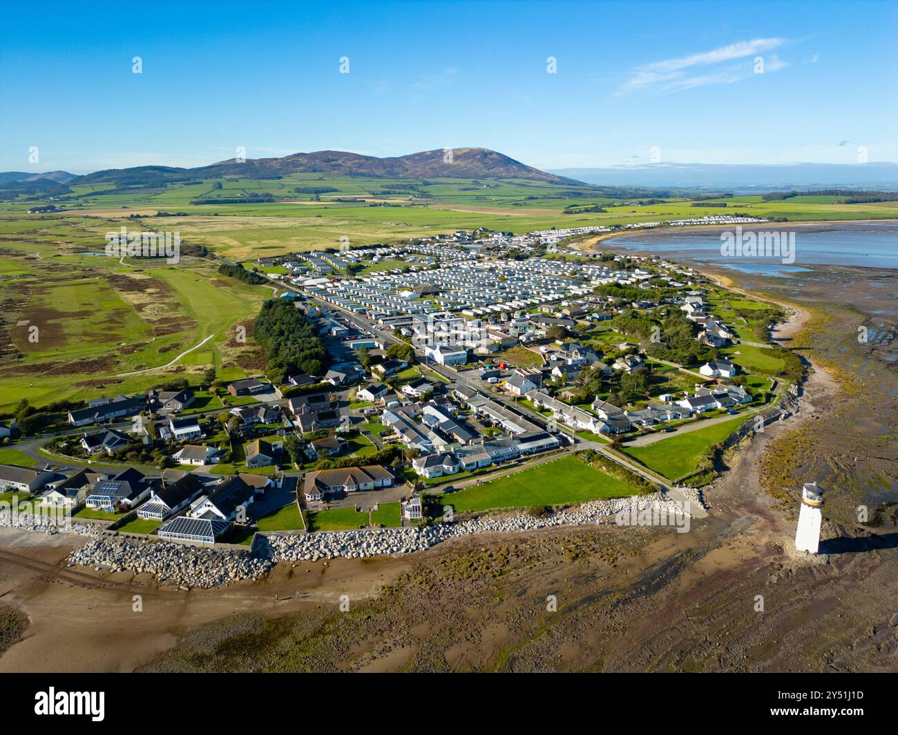 Aerial view from drone of Southerness village on Solway coast inside ...