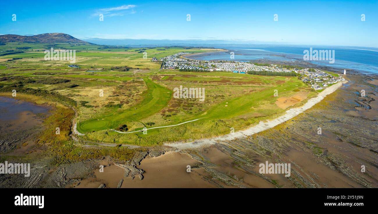 Aerial view from drone of golf course at Southerness village on Solway ...