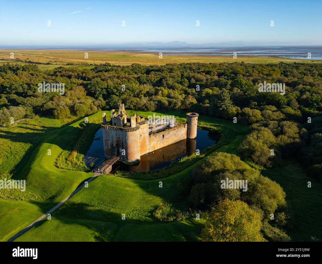 Aerial view from drone of Caerlaverock Castle on Solway coast inside ...