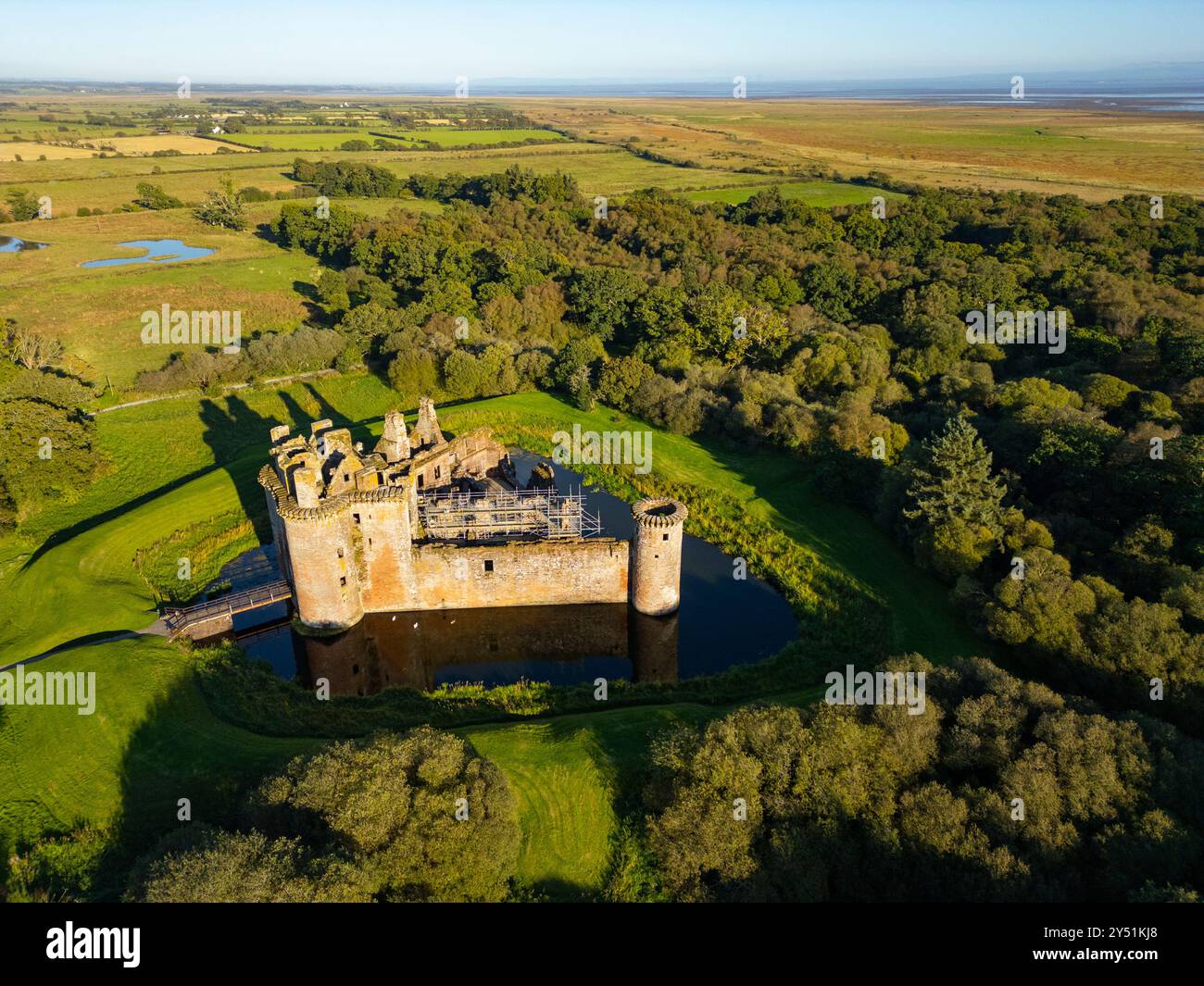 Aerial view from drone of Caerlaverock Castle on Solway coast inside ...
