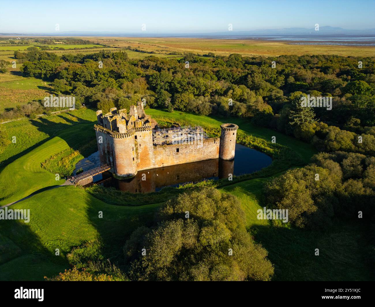 Aerial view from drone of Caerlaverock Castle on Solway coast inside ...