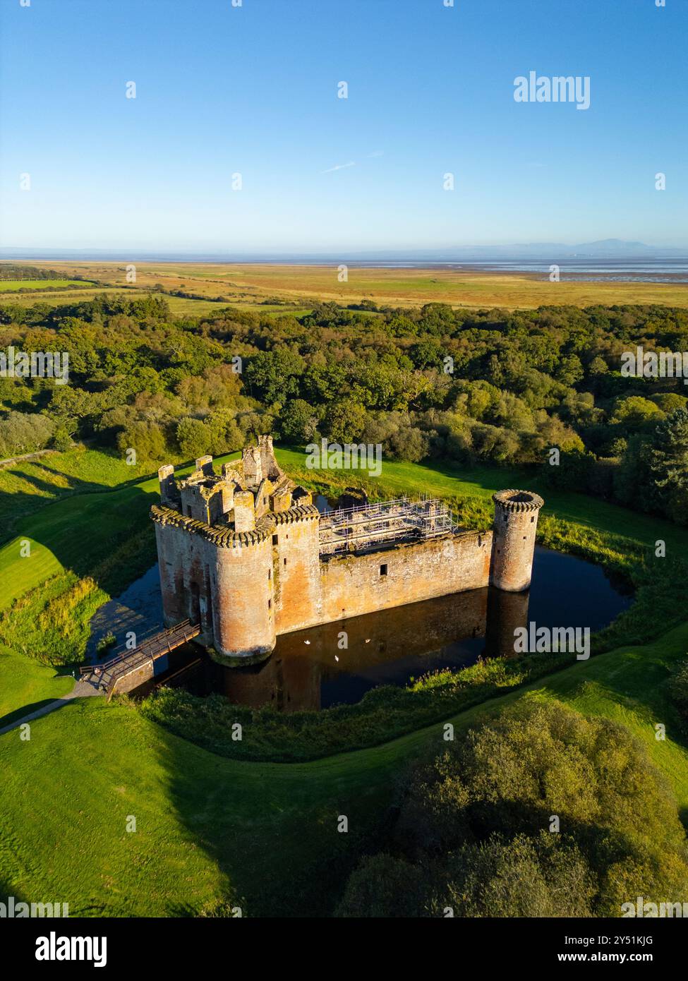 Aerial view from drone of Caerlaverock Castle on Solway coast inside ...