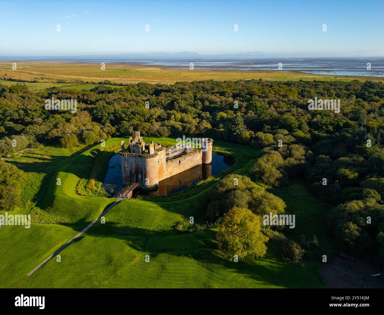 Aerial view from drone of Caerlaverock Castle on Solway coast inside ...