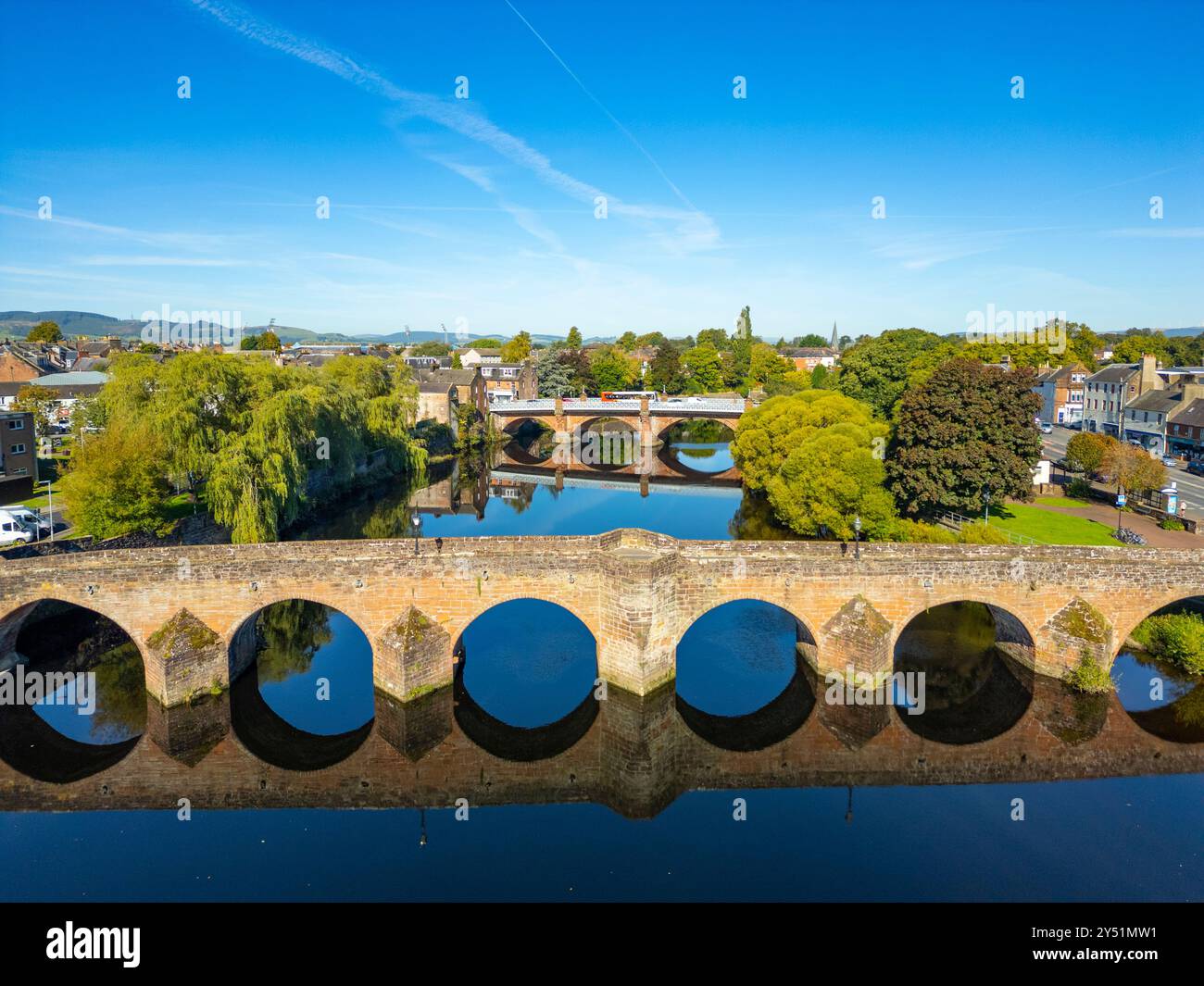 Aerial view from drone of Devorgilla Bridge on River Nith at Whitesands ...