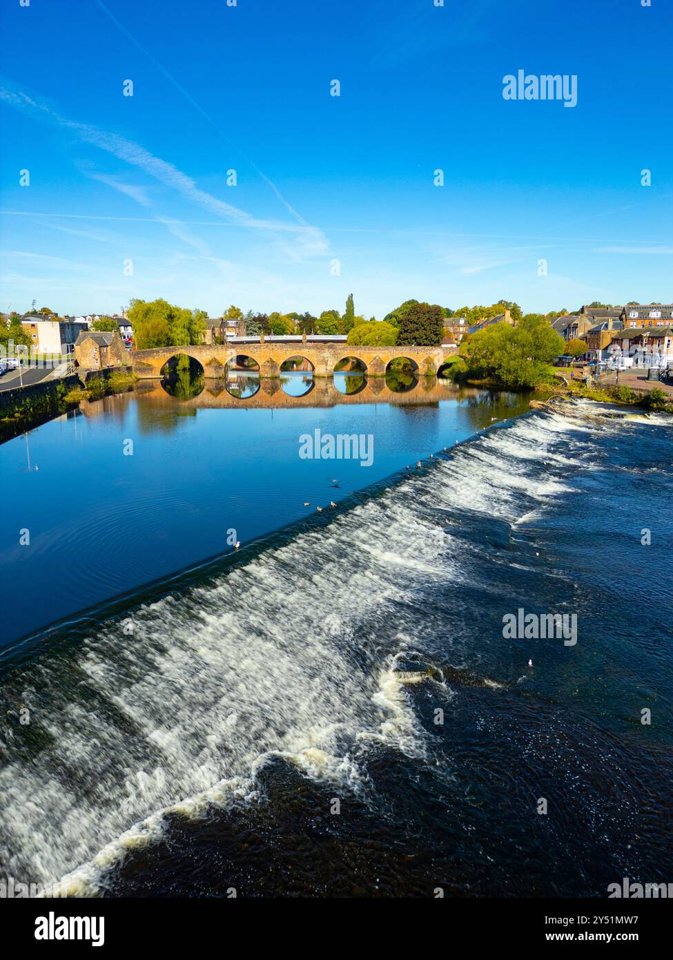 Aerial view from drone of weir on River Nith at Whitesands in Dumfries ...