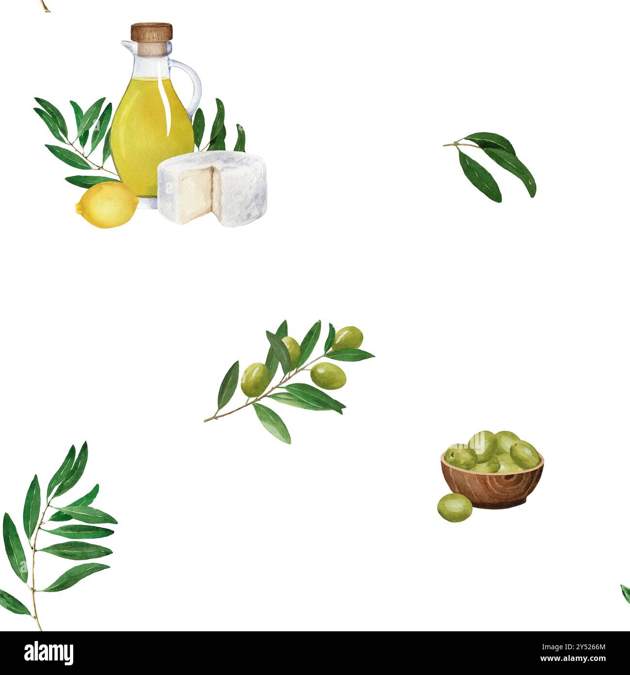 Seamless pattern with olive tree elements, glass jug with olive oil ...