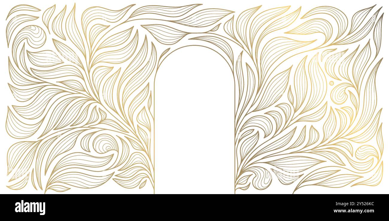 Vector art deco leaves pattern with arch. Gold on white fancy ornament ...