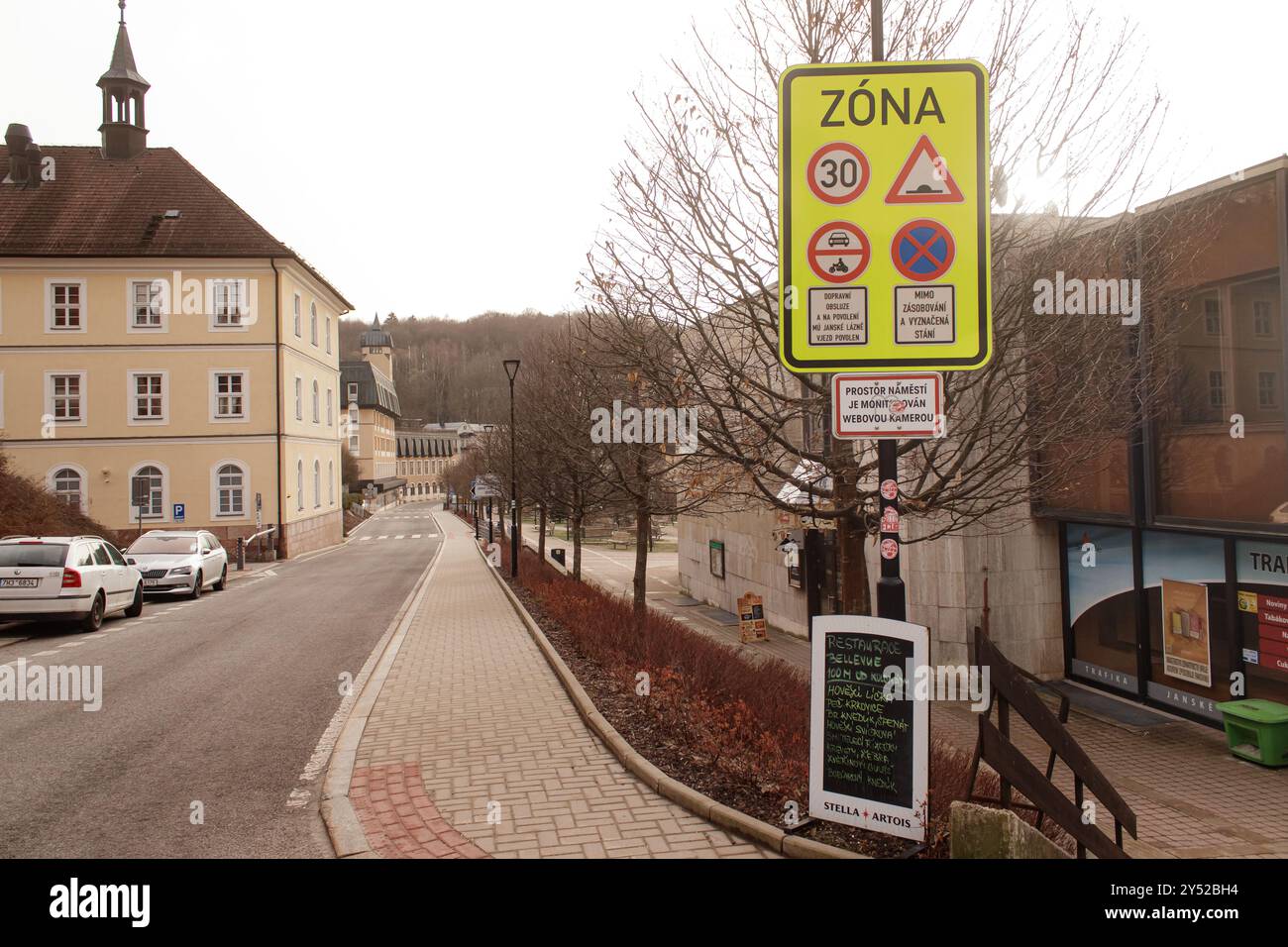 Entering pedestrian zone with speed limit sign in small european town ...