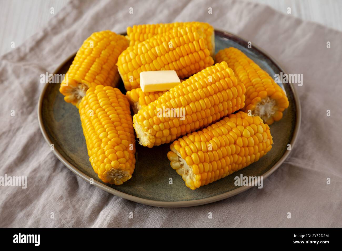 Homemade Organic Steamed Yellow Sweet Corn on the Cob with Butter, side ...