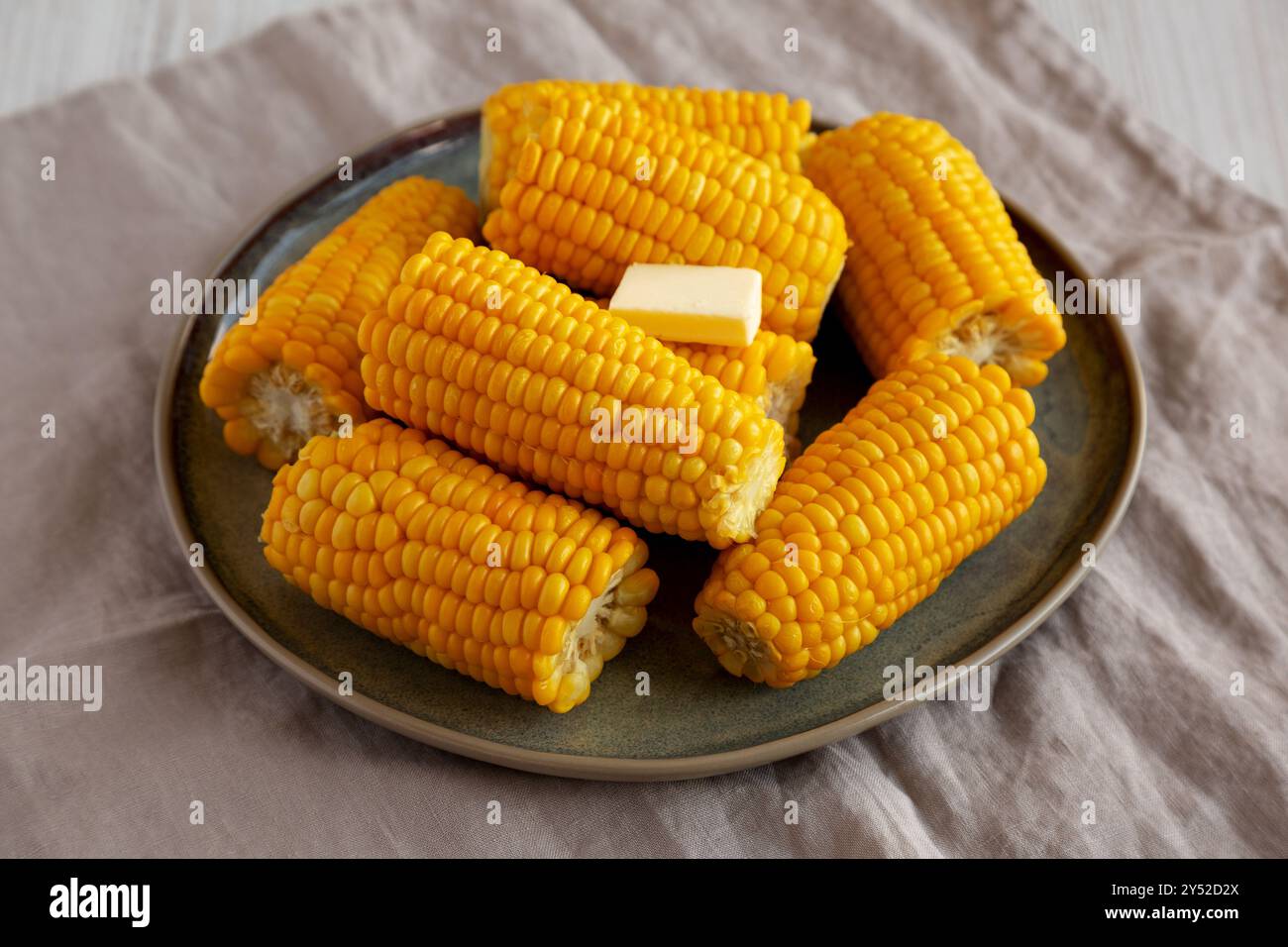 Homemade Organic Steamed Yellow Sweet Corn on the Cob with Butter, side ...