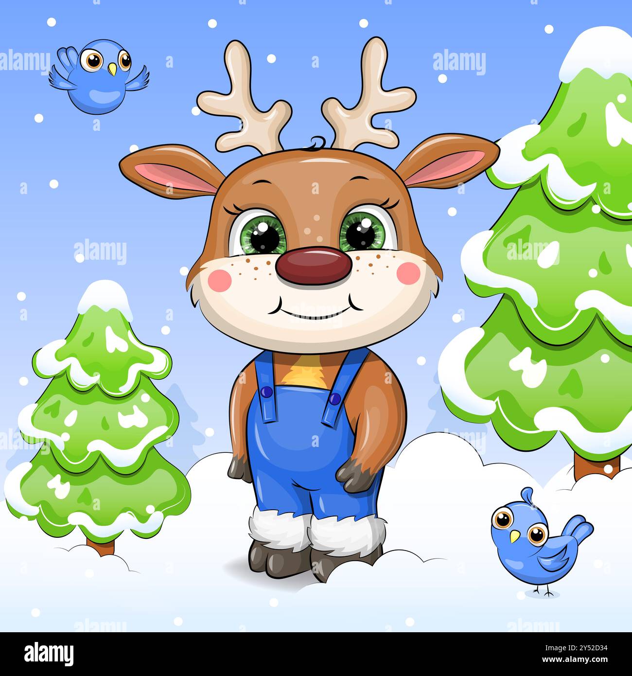 Cute cartoon baby deer in nature. Winter animal vector illustration ...