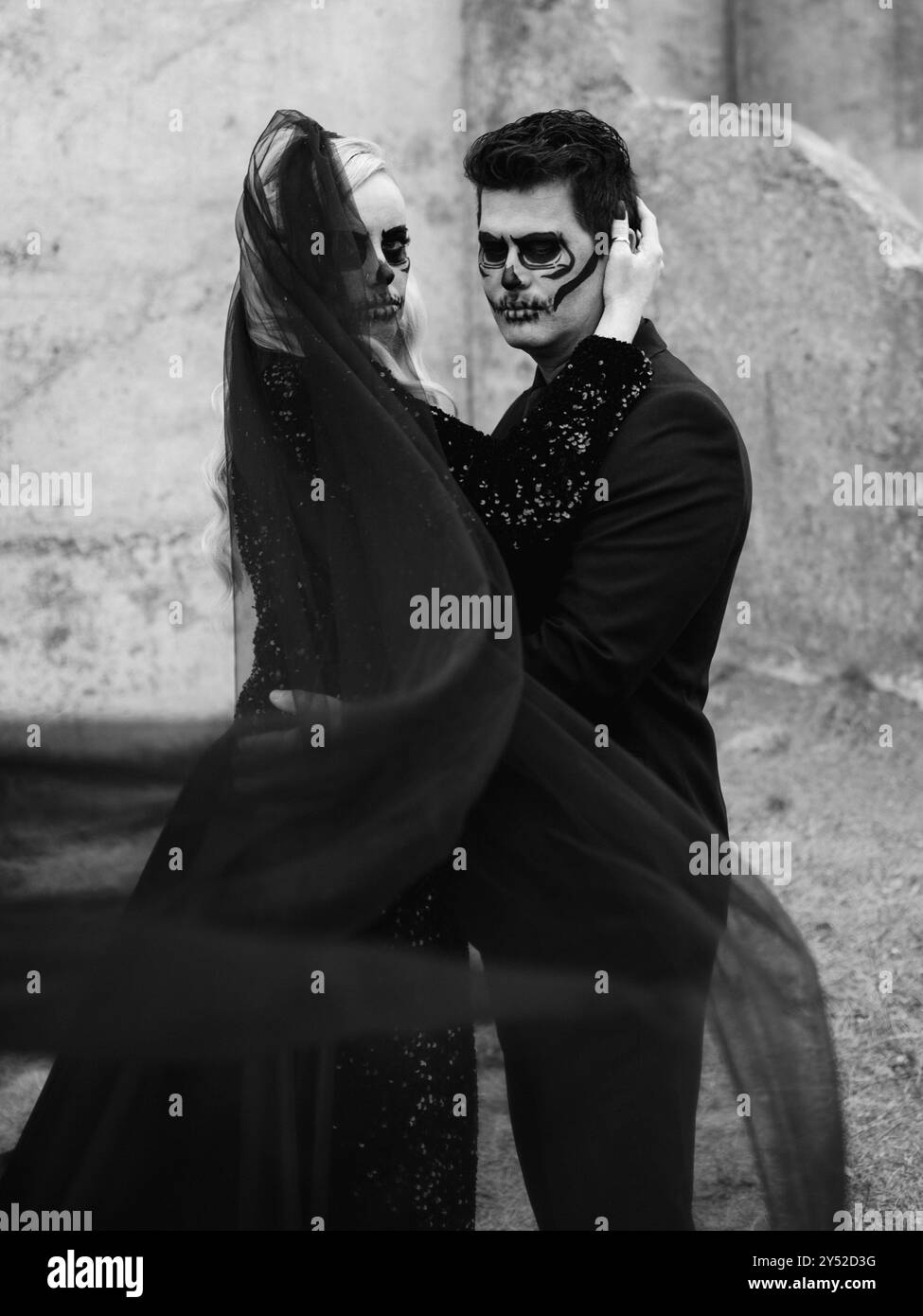 Spooky skeleton bride and groom embracing at Chambers Bay Stock Photo ...