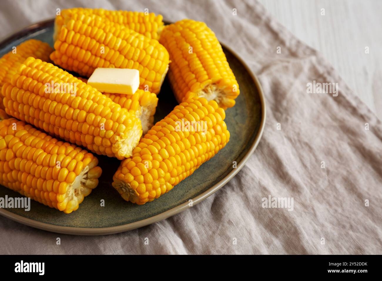Homemade Organic Steamed Yellow Sweet Corn on the Cob with Butter, side ...
