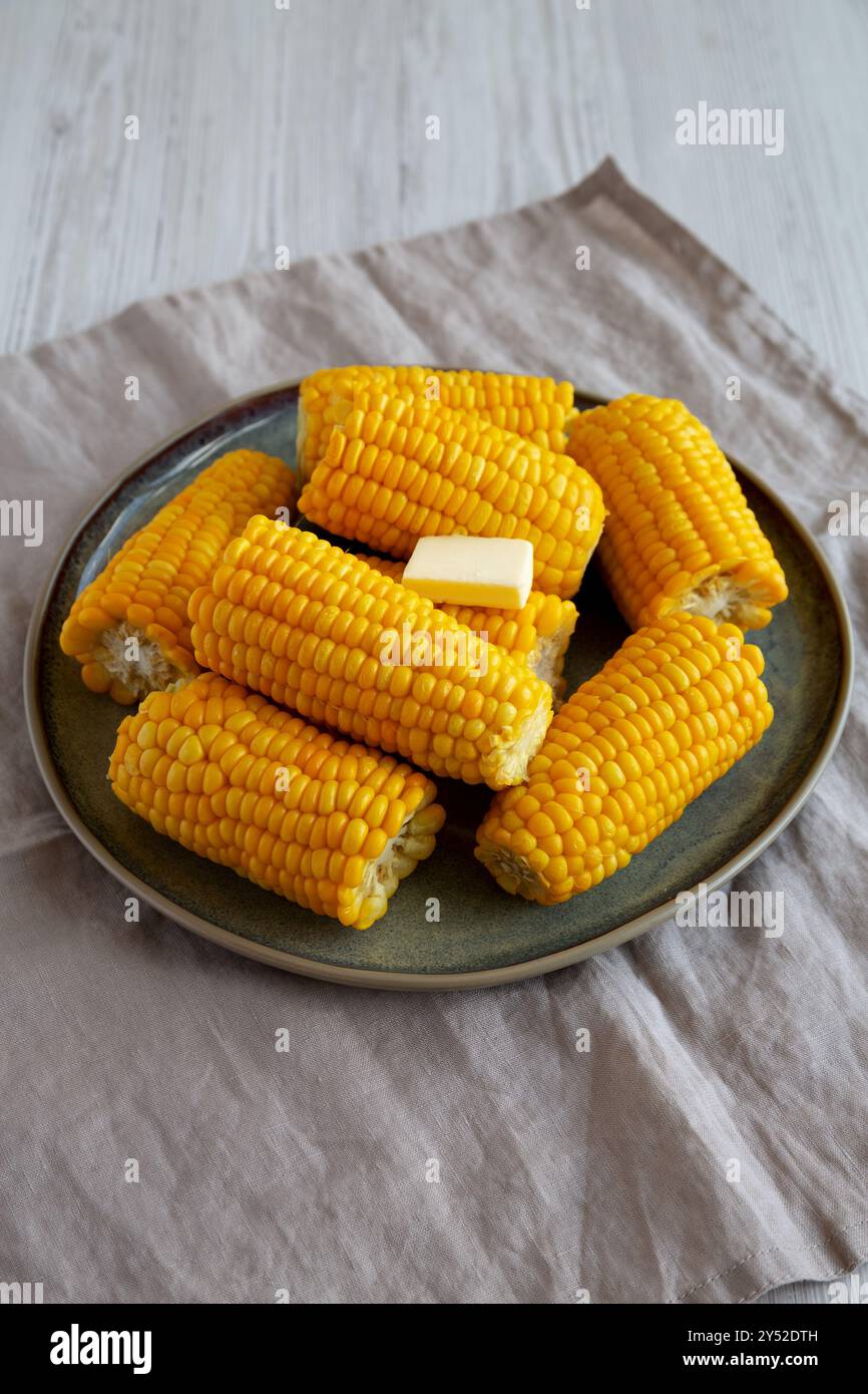Homemade Organic Steamed Yellow Sweet Corn on the Cob with Butter, side ...