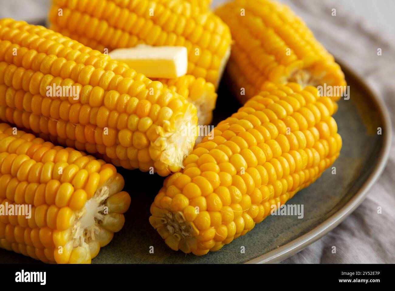 Homemade Organic Steamed Yellow Sweet Corn on the Cob with Butter, side ...