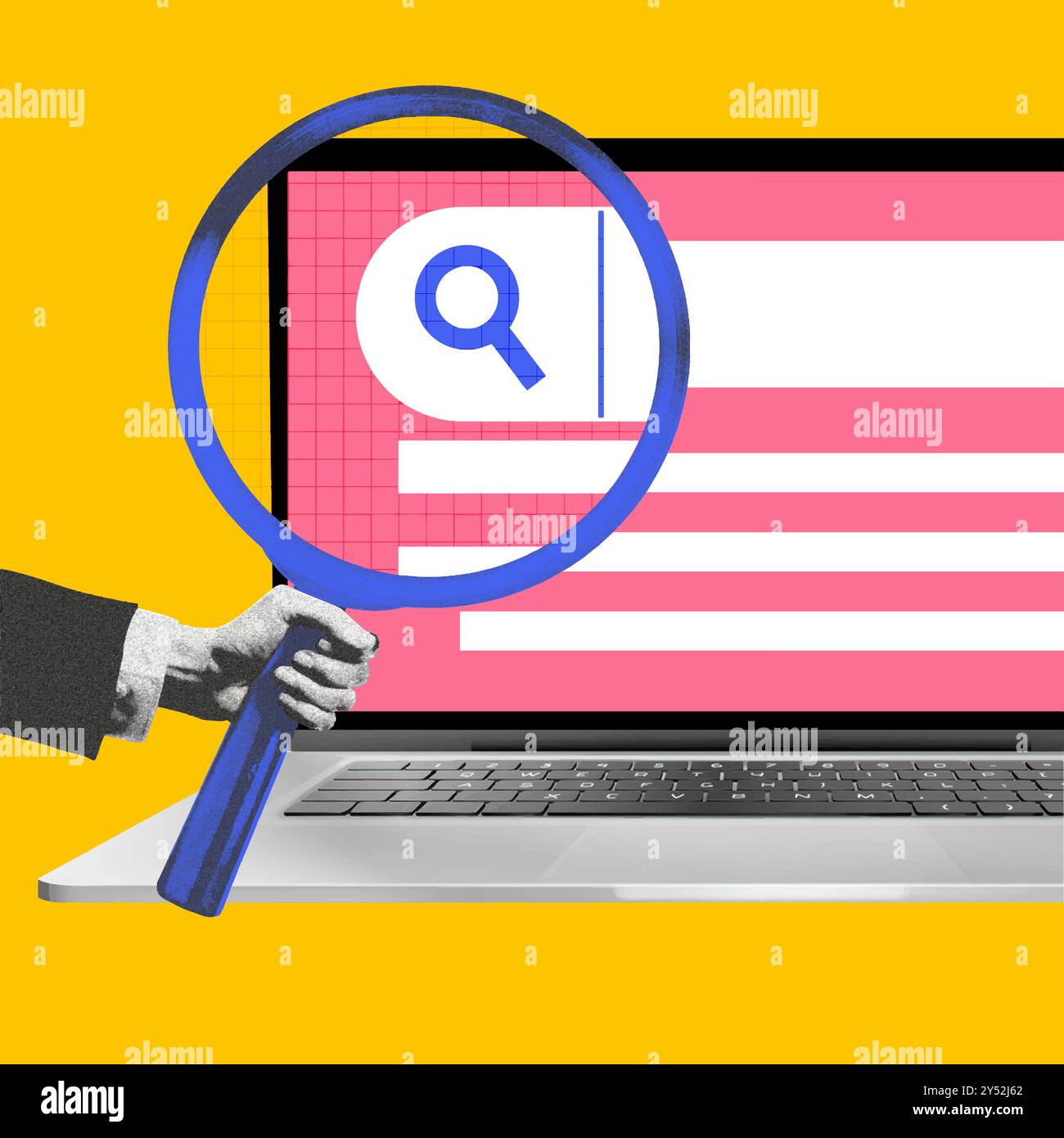 Hand holding magnifying glass over laptop screen with search bar ...