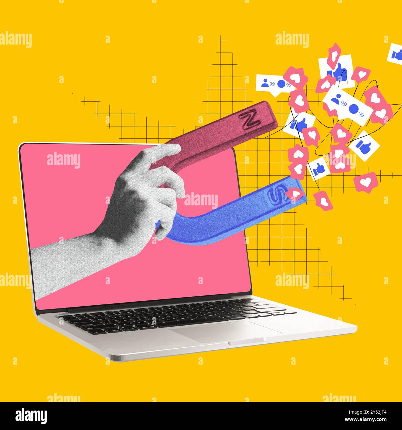 Hand with magnet attracting social media likes and comments from laptop ...
