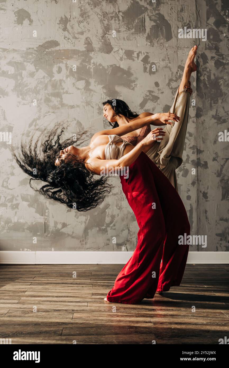 Two dancers balancing in a fluid, dynamic motion together Stock Photo ...
