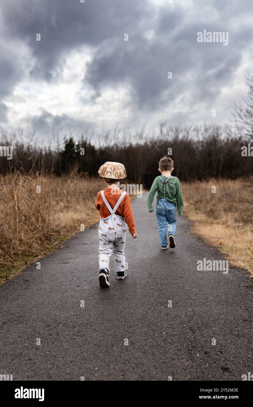 two children walking on path towards wilderness, stormy sky above Stock ...