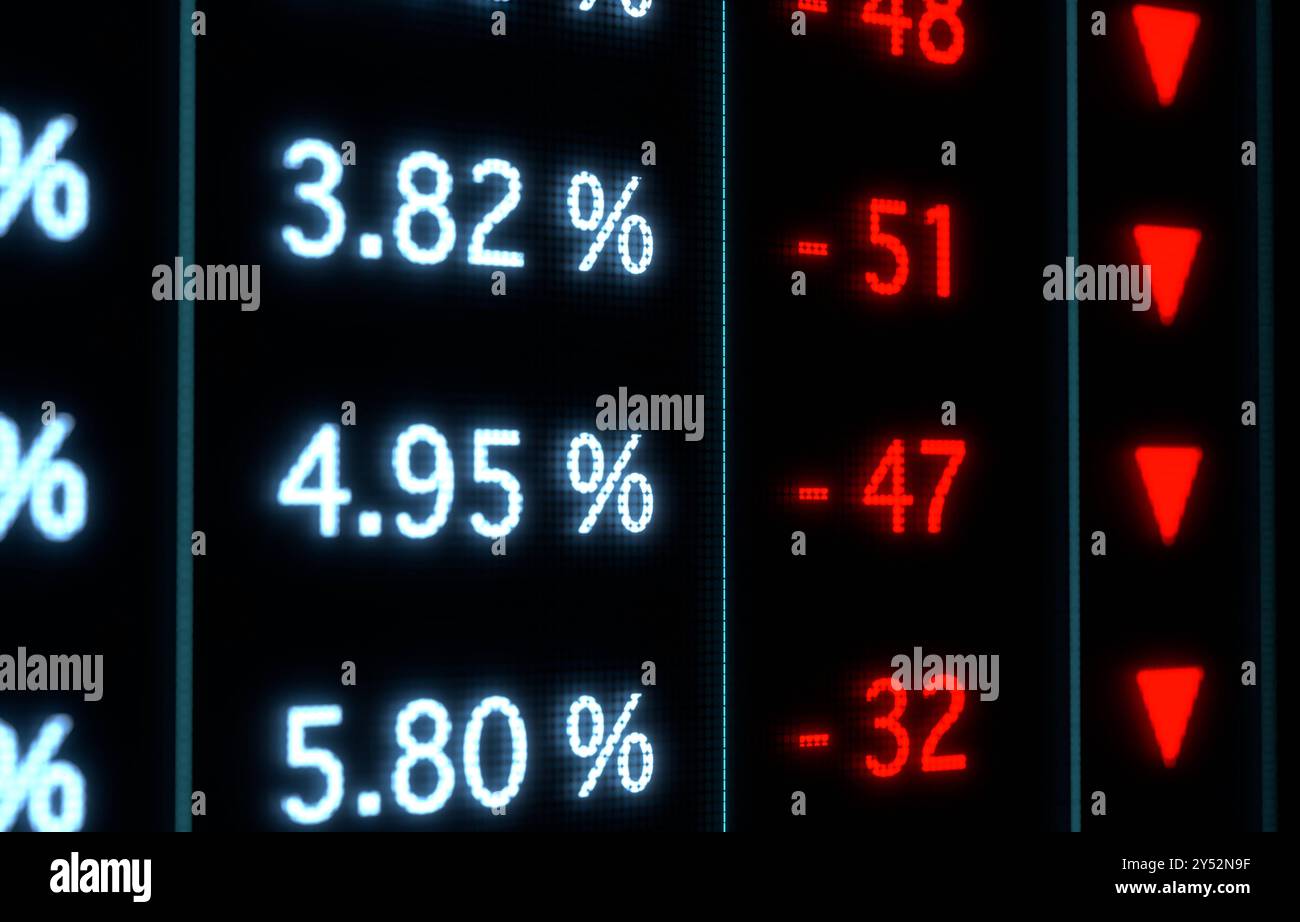 Spreasheet with falling interest rates, rate cut. Spreasheet with ...