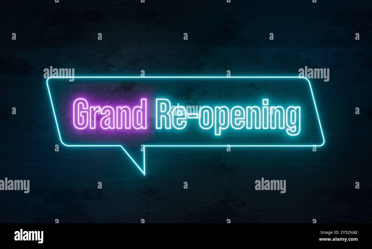 Grand Re-opening. Grand Re-opening. Illuminated neon sign in blue and ...
