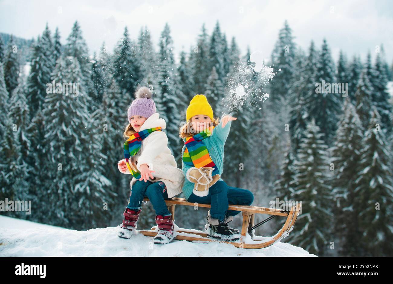 Kids play snowball, snow ball fight for children. Christmas winter ...