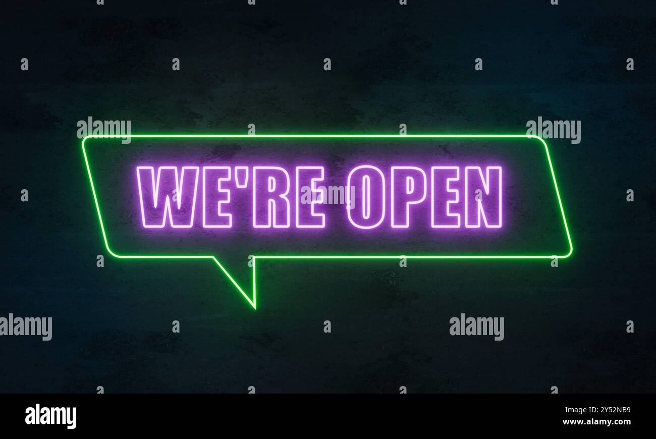 We are open. We are open. Illuminated neon sign in green and purple on ...