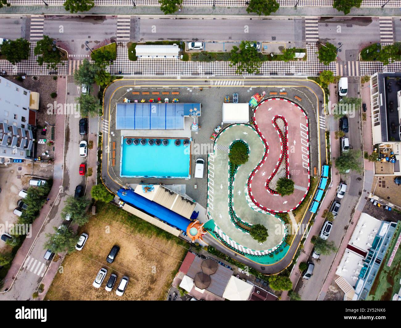 aerial view of a small amusement park on the seafront of Cesenatico ...