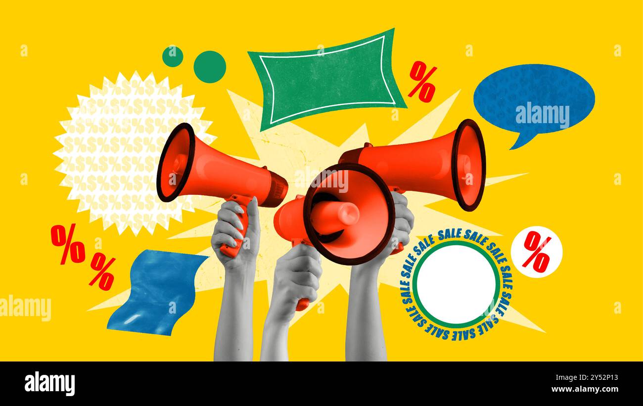 Vector illustration. Multiple hands with megaphones, surrounded by ...