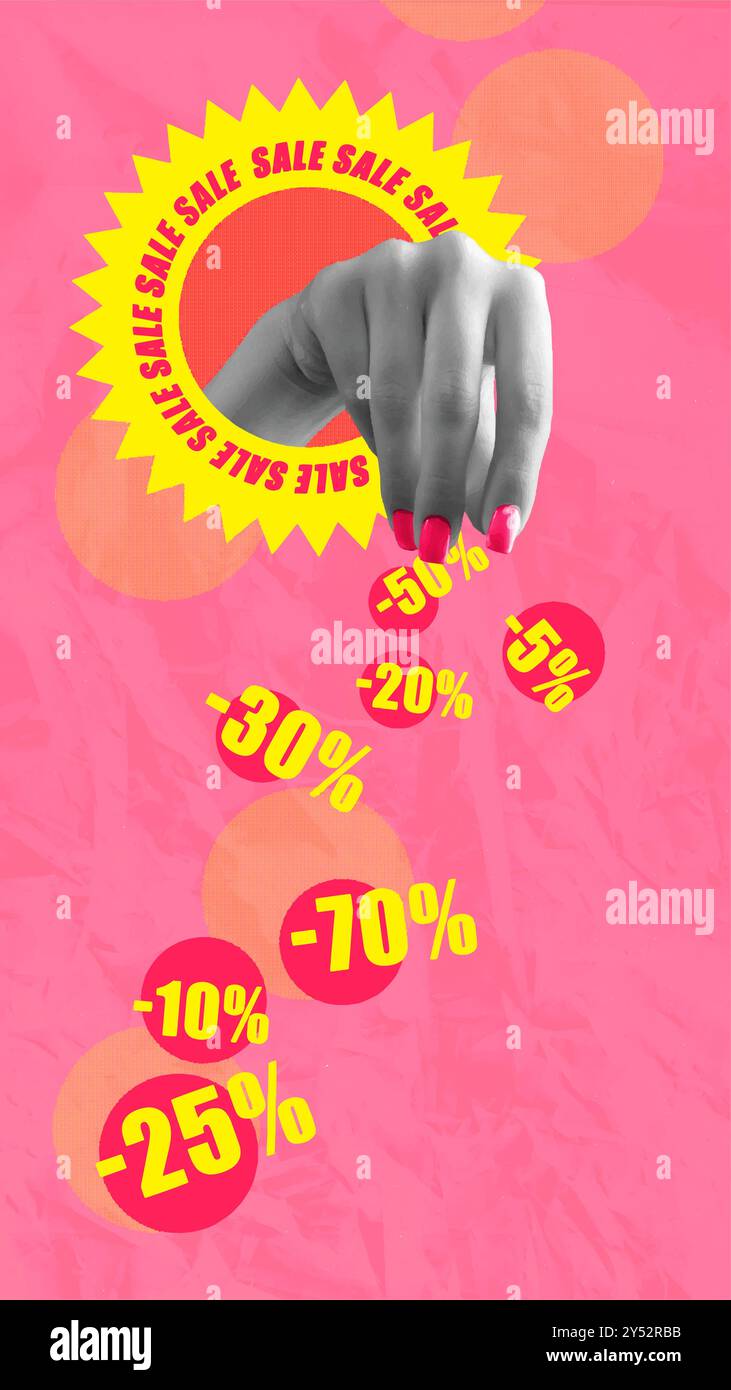 Vector illustration. Hand with SALE signs surrounded by various ...