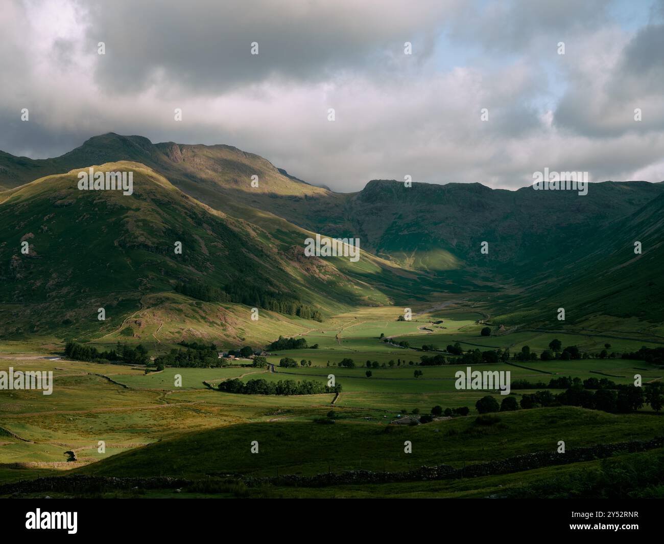 The U-shaped glacial Langdale Valley in The Lake District National Park ...