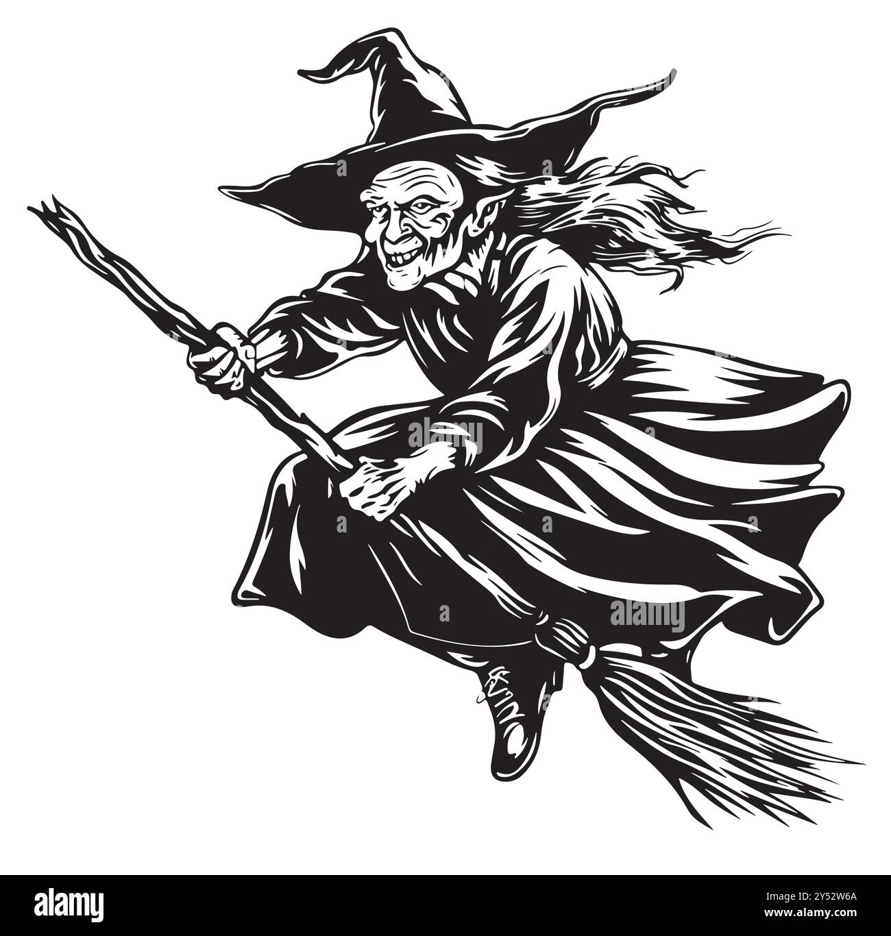 Witch flying on broomstick. Halloween sketch, vector illustration Stock ...