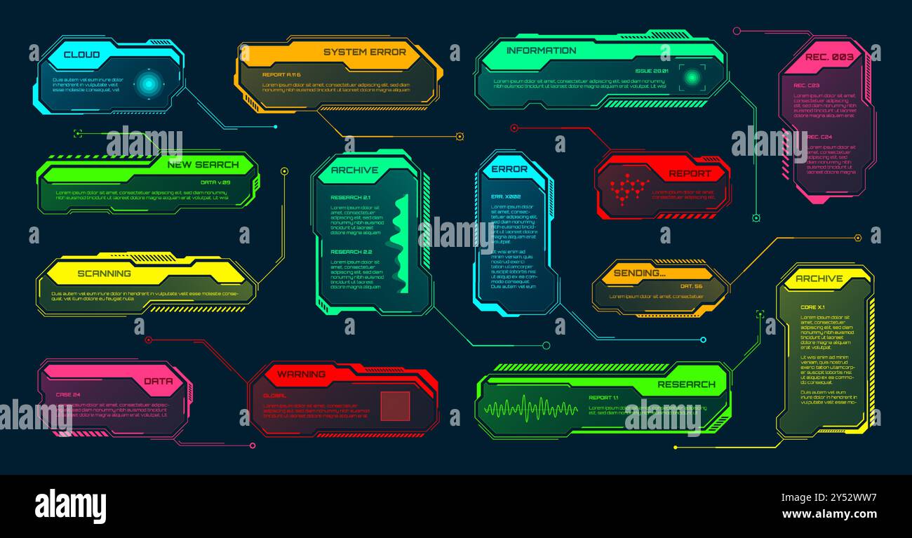 Futuristic HUD or UI elements. Sci-fi user interface text boxes, callouts. Colorful warning ...