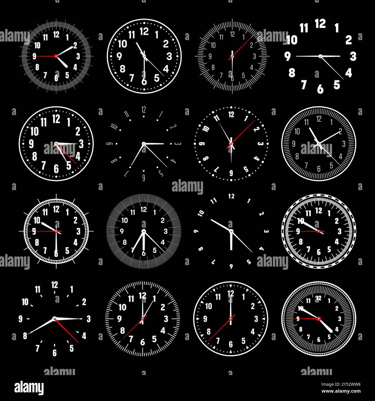 Mechanical clock faces with hands, bezel. Watch dial with minute, hour marks and numbers, arabic ...