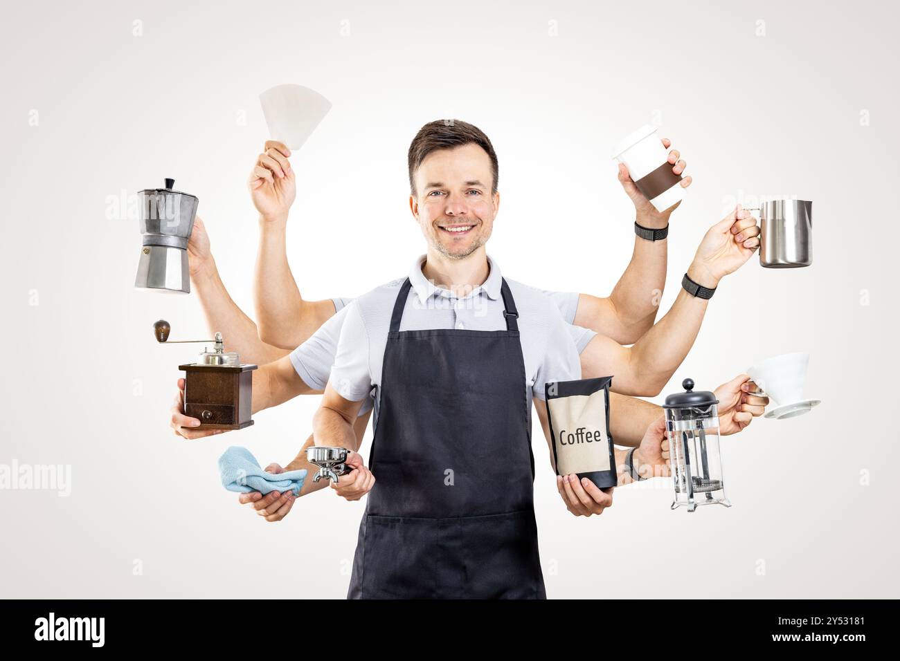 Barista with Multiple Arms Showing Different Coffee Brewing Equipment ...