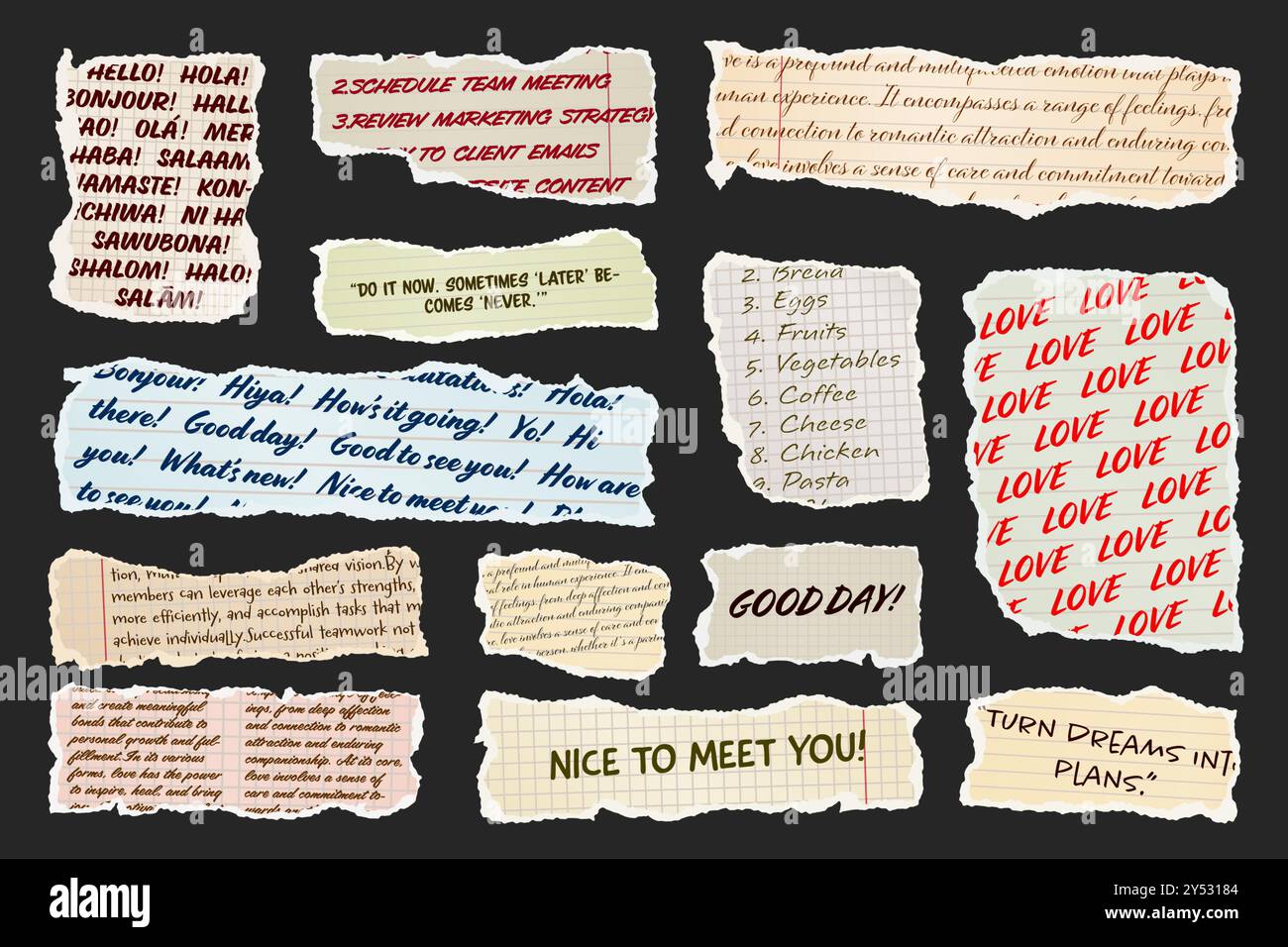 Ripped paper strips with handwritten text. Realistic crumpled paper ...