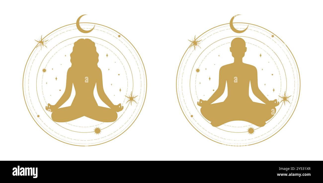 Golden colored abstract meditating woman and men silhouettes on ...