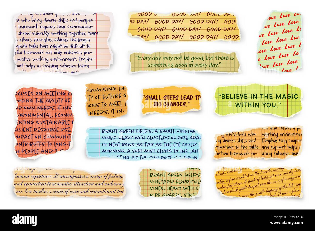 Ripped paper strips with handwritten text. Realistic crumpled paper ...