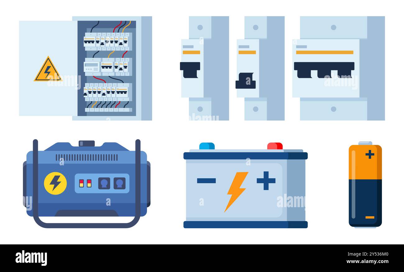 Electric equipment set. Portable electric power generator. Electrical panel with switches ...