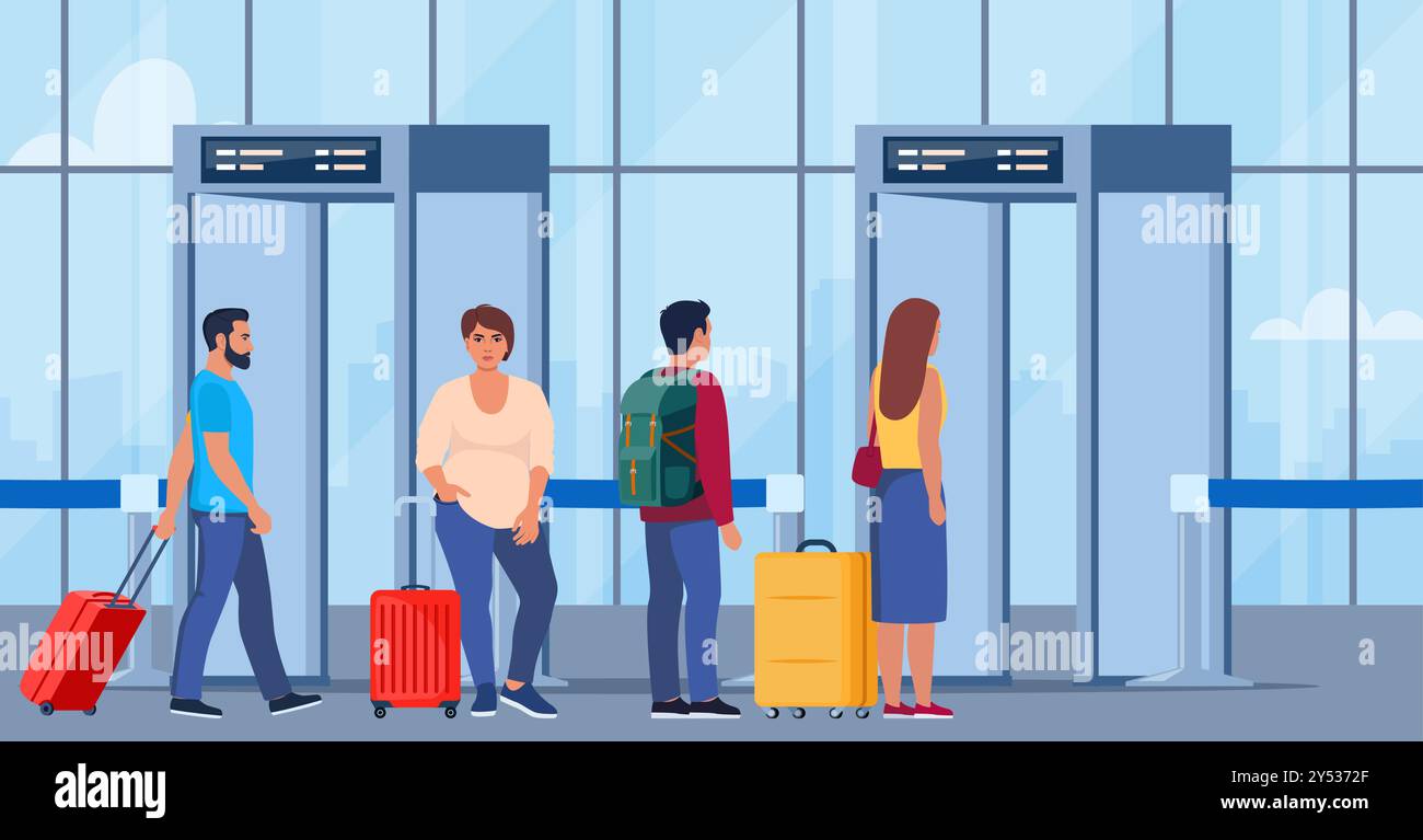 Airport security metal detectors in airport lounge. Passengers passing ...