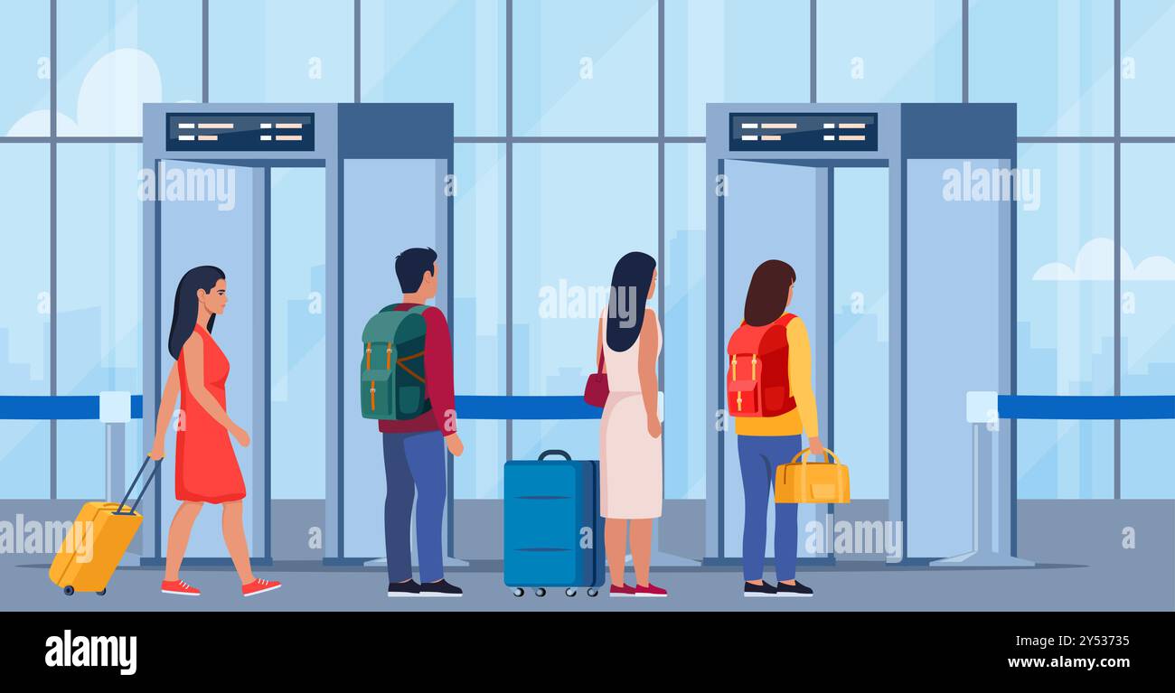 Airport security metal detectors in airport lounge. Passengers passing ...