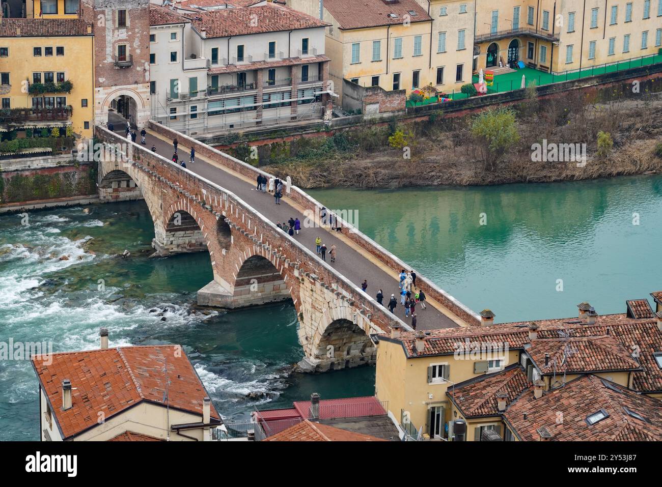 Aerial view of Ponte Pietra, a historic stone bridge in Verona, Italy ...