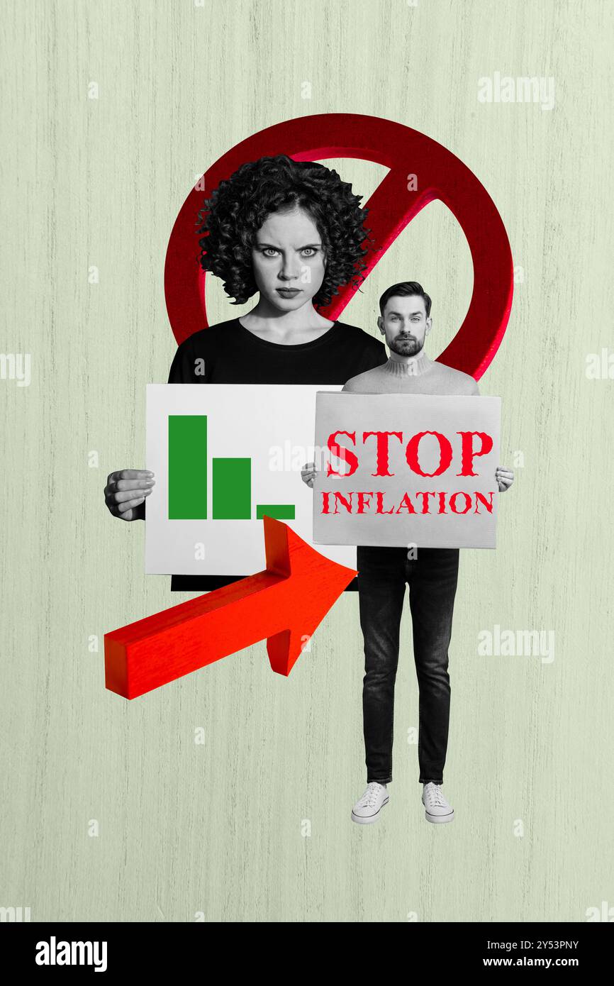 Vertical photo collage of angry girl guy hold banner poster stop ...