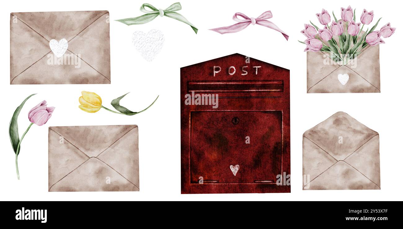 Mail watercolor set. Vintage mailbox, letter container. Letters ...