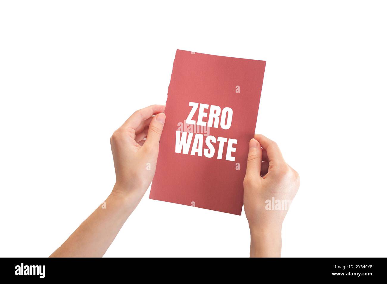 Zero waste message written on red page with white background. Conceptual zero waste symbol. Copy ...
