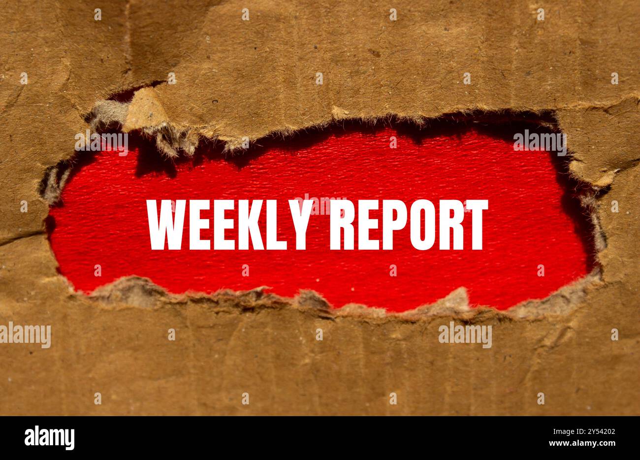 Weekly report message written on torn cardboard paper with red ...